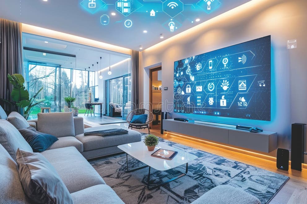 Modern Smart Home Living Room with Connected Devices and Digital Home ...