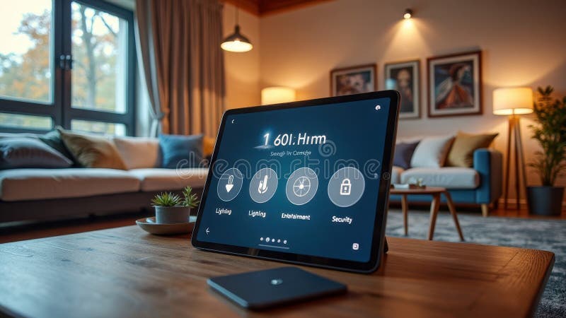 Modern Smart Home Living Room with Tablet Controlling Lighting and ...