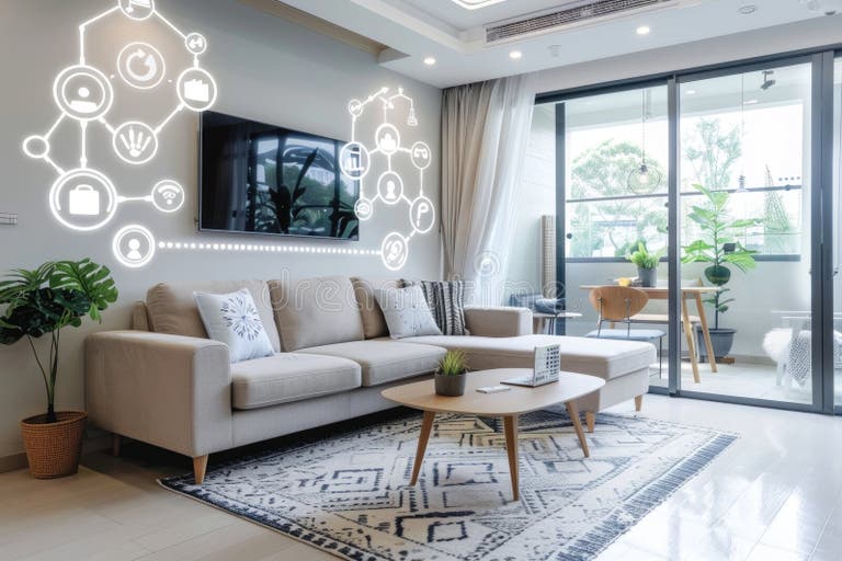 Modern Smart Home Living Room with Virtual Interface and Cozy Interior ...