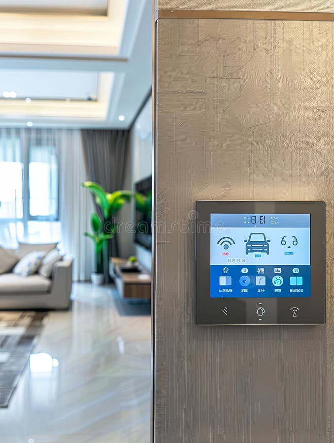 In a Modern Smart Home, a Mounted Control Panel on the Wall Displays ...