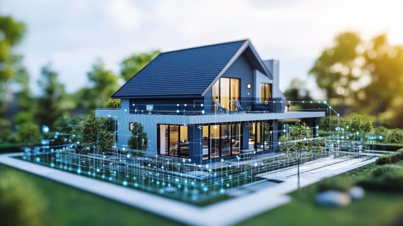 Modern Smart Home with Network Connections at Dusk Stock Illustration ...