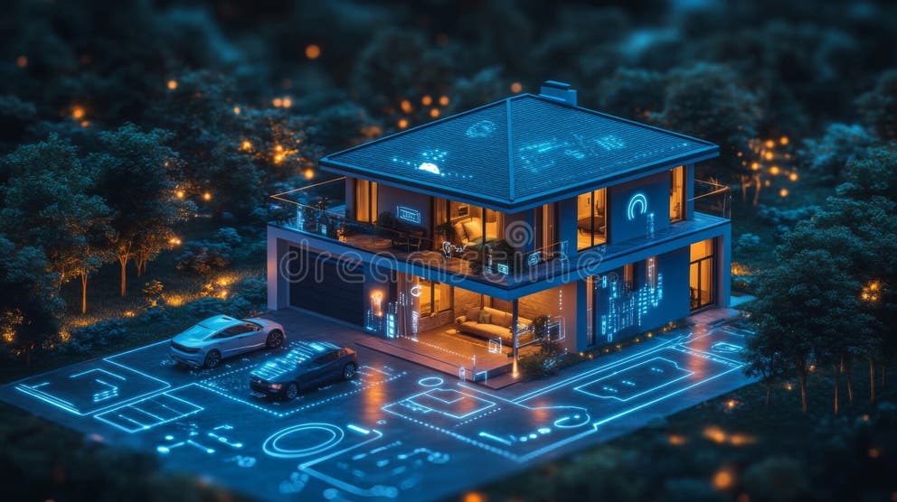 Modern Smart Home at Night in a Forest Setting Stock Illustration ...