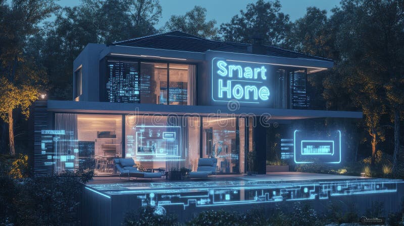 Modern Smart Home at Night with Illuminated Interior and Pool Stock ...