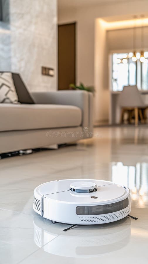 Modern Smart Home with Robot Vacuum in Living Room Setting Stock Image ...