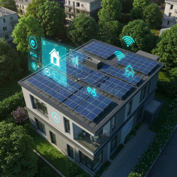 Modern Smart Home with Rooftop Solar Panels and Digital Interface Stock ...