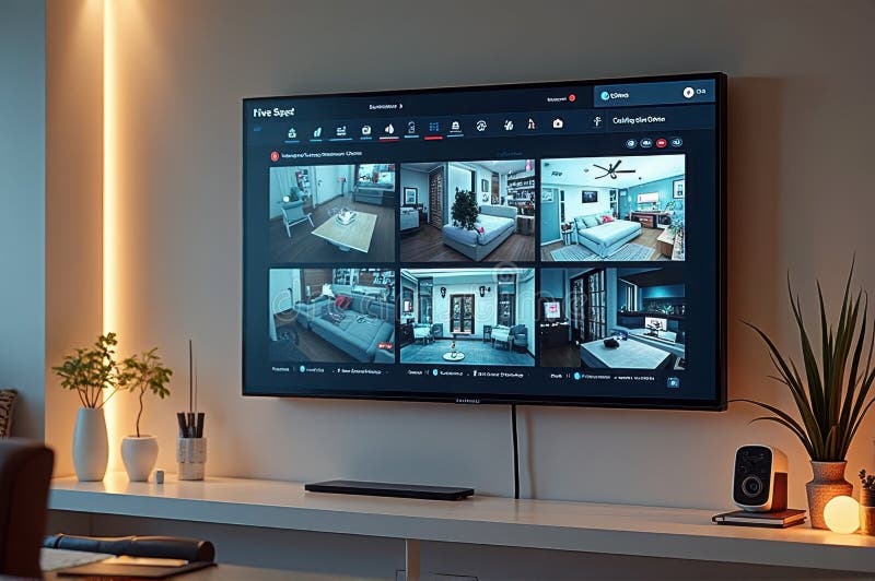 Modern Smart Home Security System Displaying Multiple Room Feeds on ...