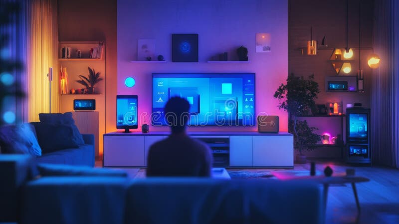 Modern Smart Home Setup with Devices and Ambient Lighting at Night ...