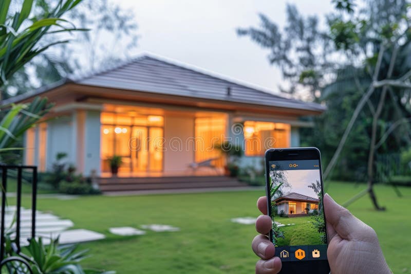 Modern Smart Home with Smartphone Control in a Serene Garden Setting at ...