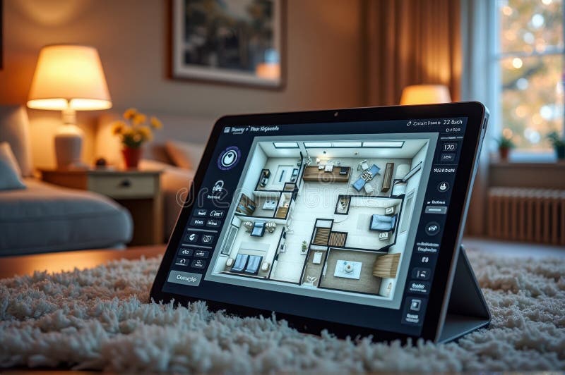 Modern Smart Home Tablet with 3d Floor Plan on Living Room Carpet Stock ...