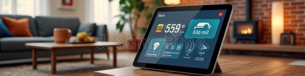 Modern Smart Home Tablet Displaying Energy Consumption and Connectivity ...