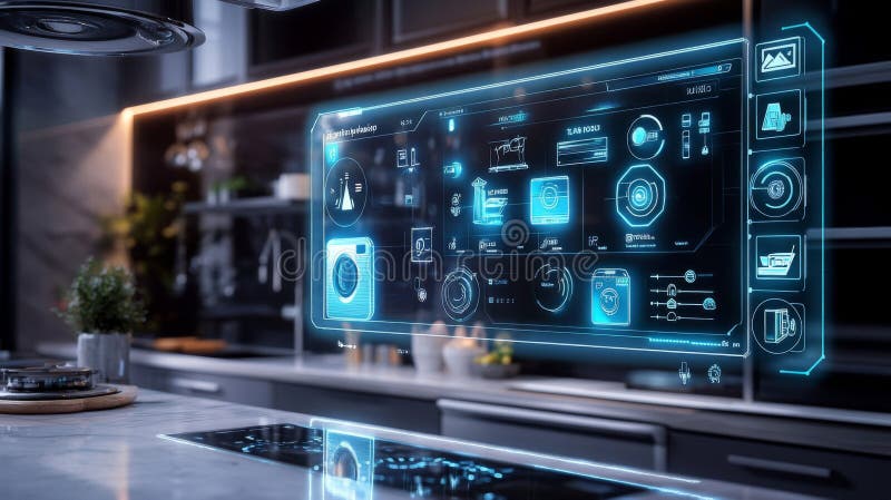 Modern Smart Kitchen with Futuristic Blue Digital Control Panel Stock ...