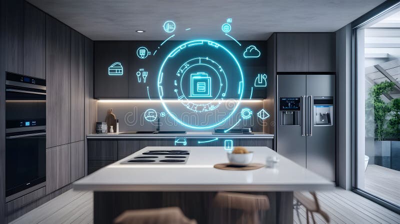 Modern Smart Kitchen Interior with Futuristic Technology Interface ...