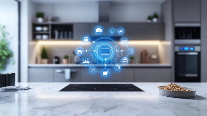 Modern Smart Kitchen Interior with Glowing Blue Digital Interface AI ...