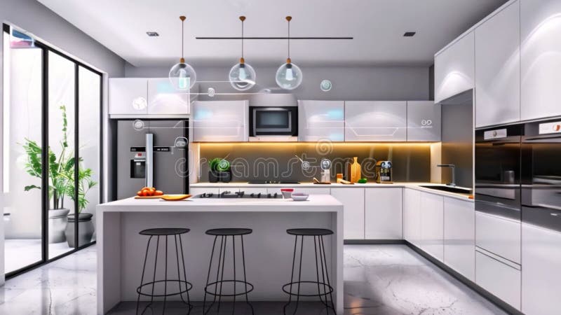 Modern Smart Kitchen Interior with Island and Appliances Stock Video ...