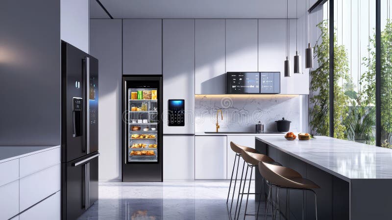 Modern Smart Kitchen Interior with Panoramic Window Stock Photo - Image ...