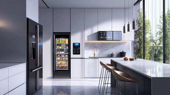 Modern Smart Kitchen Interior with Panoramic Window Stock Photo - Image ...