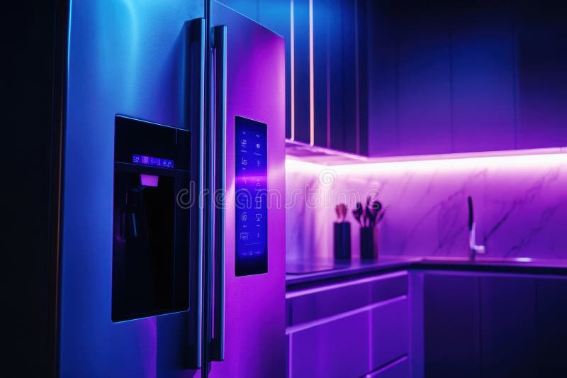 Modern Smart Kitchen with Vivid Lighting, Smart Fridge Stock ...