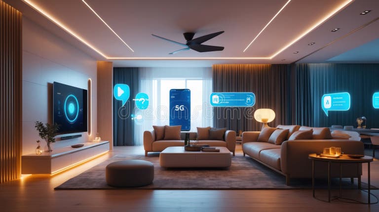 Modern Smart Living Room with 5G Connectivity and Interactive Elements ...