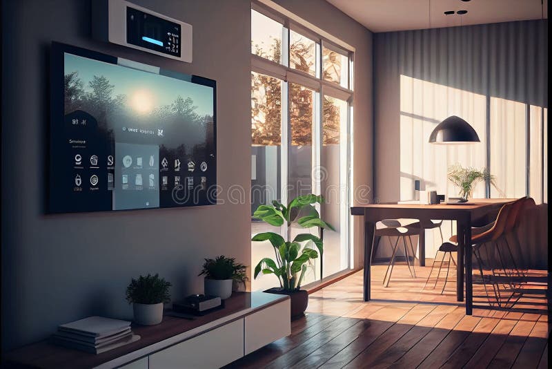 Modern Smart Living Room Interior with Led Tv and Windows Stock Image ...