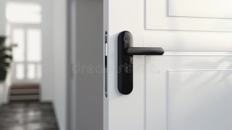 Modern Smart Lock on White Front Door - Home Security Technology ...