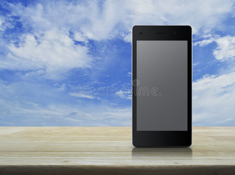 Modern Smart Phone with Blank Grey Screen on Wooden Table in Fro Stock ...