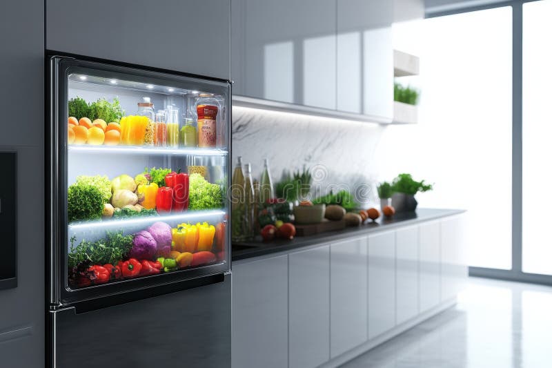 Modern Smart Refrigerator Displays Fresh Groceries and Holographic Data ...