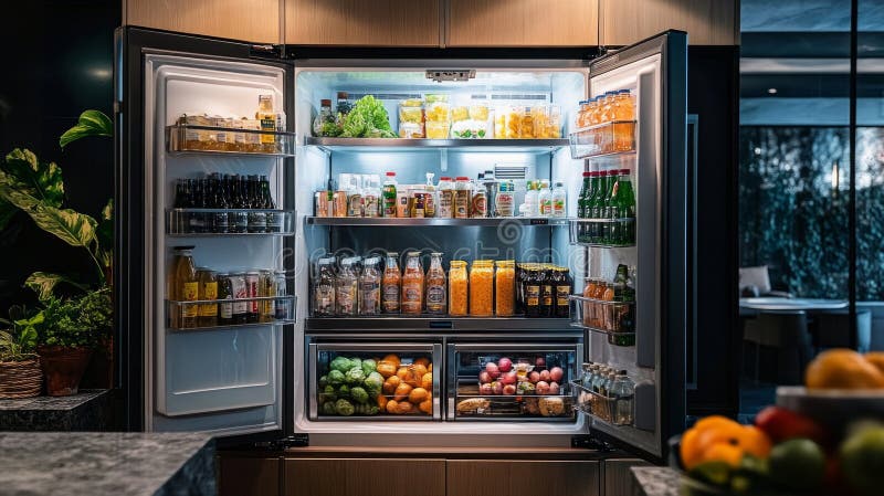 Modern Smart Refrigerator with Fresh Produce and Beverages in a Stylish ...