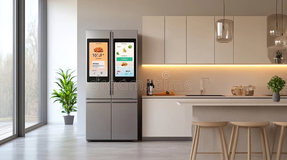 A Modern Smart Refrigerator with an Interactive Screen Displaying Stock ...