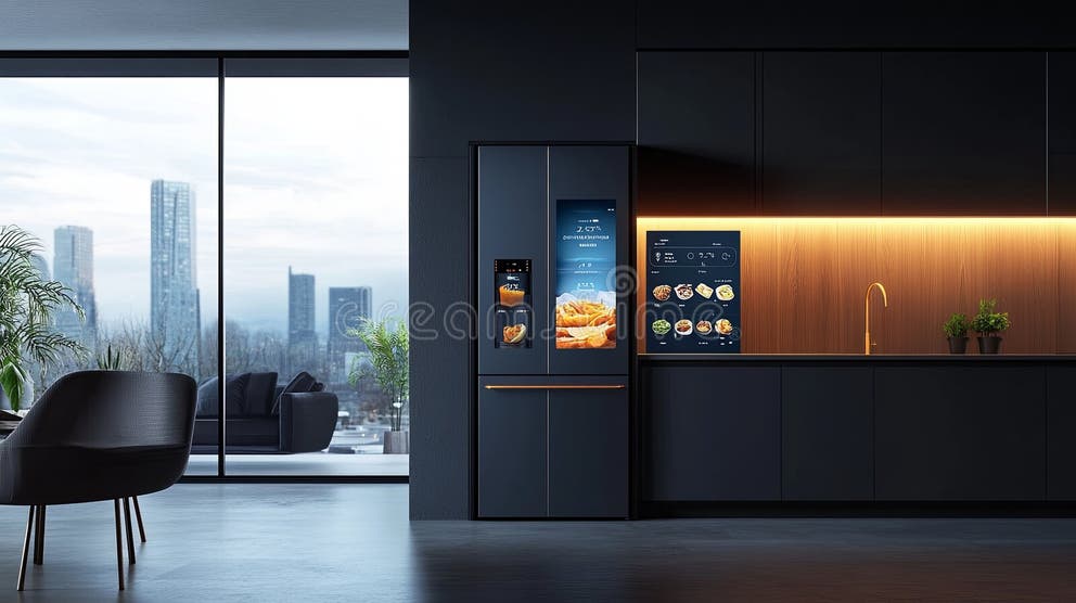 A Modern Smart Refrigerator with an Interactive Screen Displaying ...