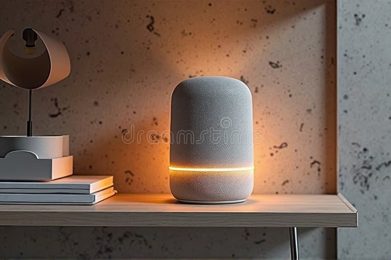Modern Smart Speaker with Ambient Lighting on Wooden Shelf in ...