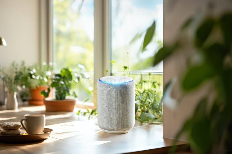 A Modern Smart Speaker Assistant on a Table in a Cozy Home Setting ...