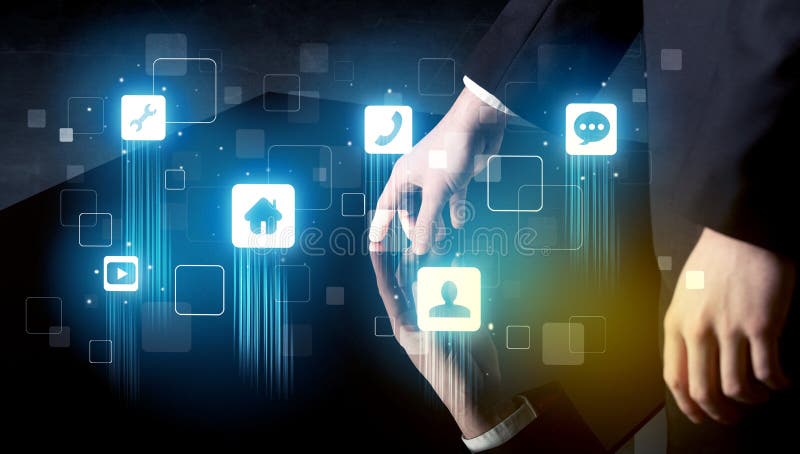 Modern Smart Table With High Tech Icons On Its Interface Screen Stock ...