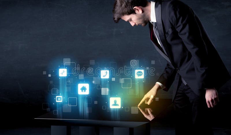 Modern Smart Table with High Tech Icons on Its Interface Screen Stock ...