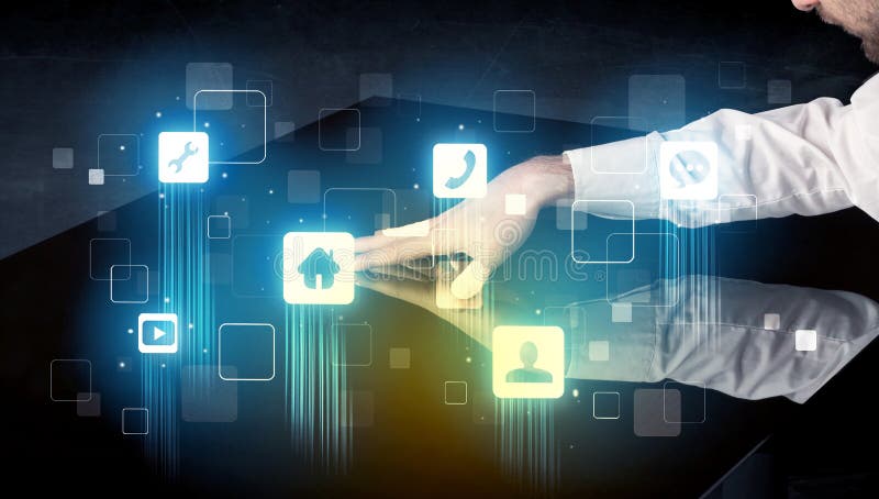 Modern Smart Table with High Tech Icons on Its Interface Screen Stock ...