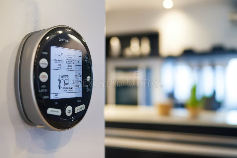 Modern Smart Thermostat on a Kitchen Wall Displaying Home Temperature ...