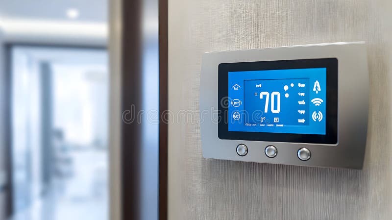 Modern Smart Thermostat on Wall Displaying Temperature and Connectivity ...