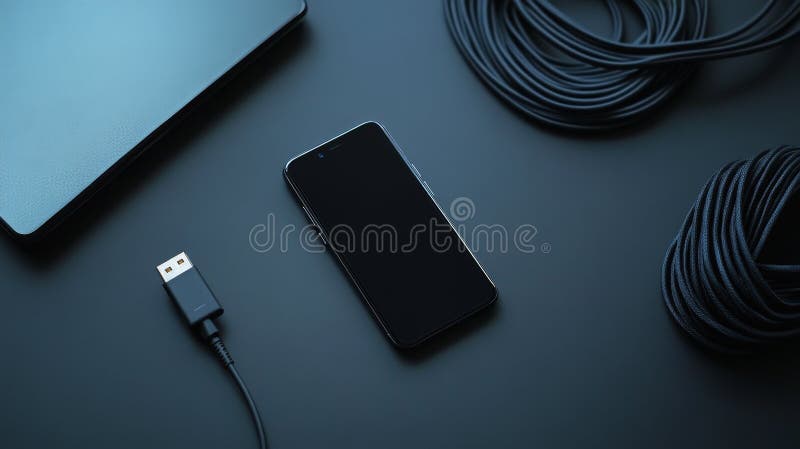 Modern Smartphone with Blank Screen Alongside USB Cable and Coiled ...