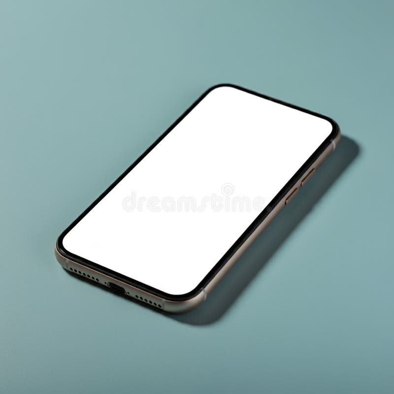 A Modern Smartphone with a Blank White Screen Lies on a Light Teal ...