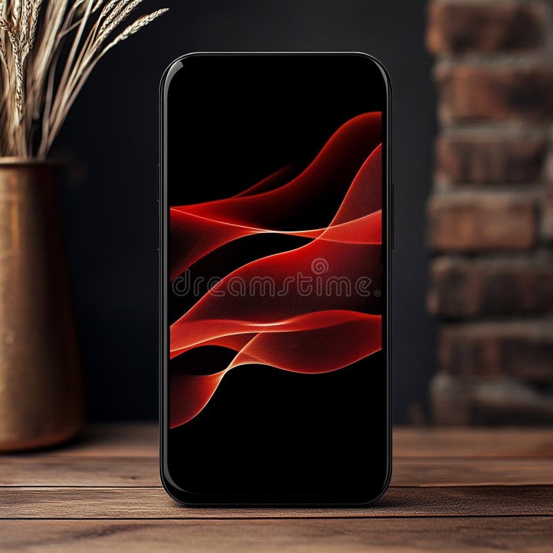 Modern Smartphone Displaying Abstract Red Wave Design on Wooden Table ...