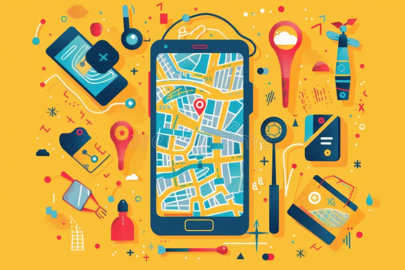 A Modern Smartphone Displaying a Map Surrounded by Various Gadgets ...