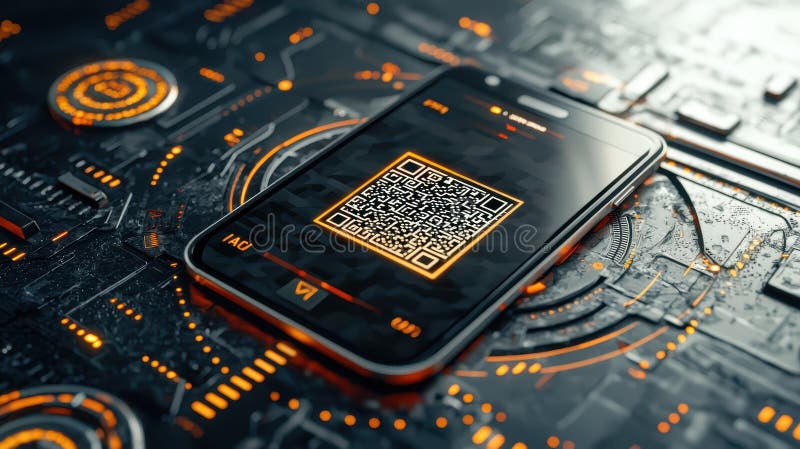 Modern Smartphone Displaying QR Code on Futuristic Technology ...