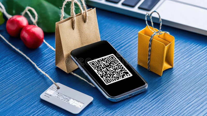 Modern Smartphone Displaying QR Code with Shopping Bags and Credit Card ...