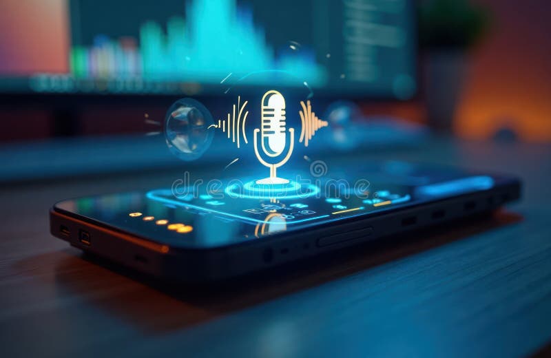 Modern Smartphone Displays Voice Support with Glowing Microphone Icon ...