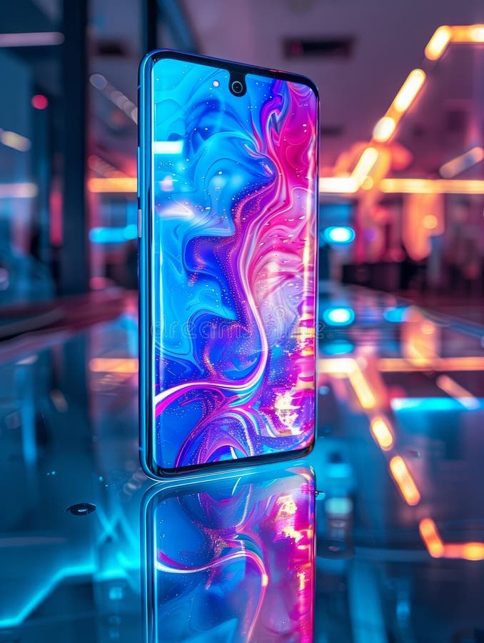 Modern Smartphone Glowing Neon Screen Reflection Abstract Background ...