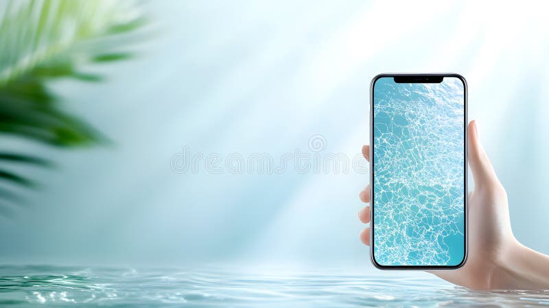A Modern Smartphone Held in Hand Reflects Water, Creating a Transparent ...