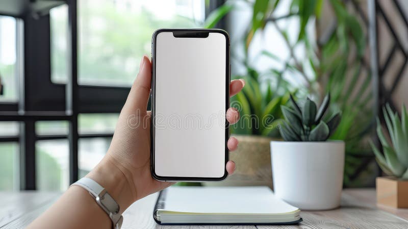 Modern Smartphone Held in Hand with White Screen, Set Against a Blurred ...