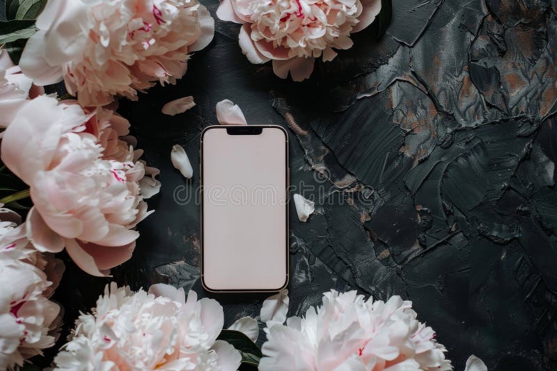Modern Smartphone Lies on a Textured Surface Surrounded by Lush Peonies ...