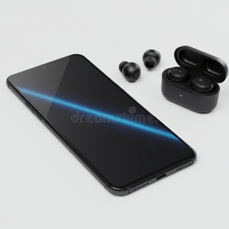 A Modern Smartphone and a Pair of Black Wireless Earbuds are Displayed ...