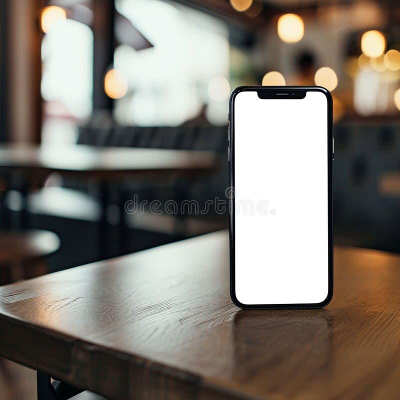 Smartphone on Wooden Table in a Cafe Setting with Blurred Background ...