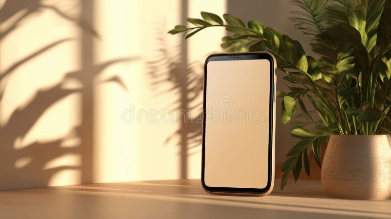 Modern Smartphone Standing on Wooden Desk with Plant Shadows Stock ...